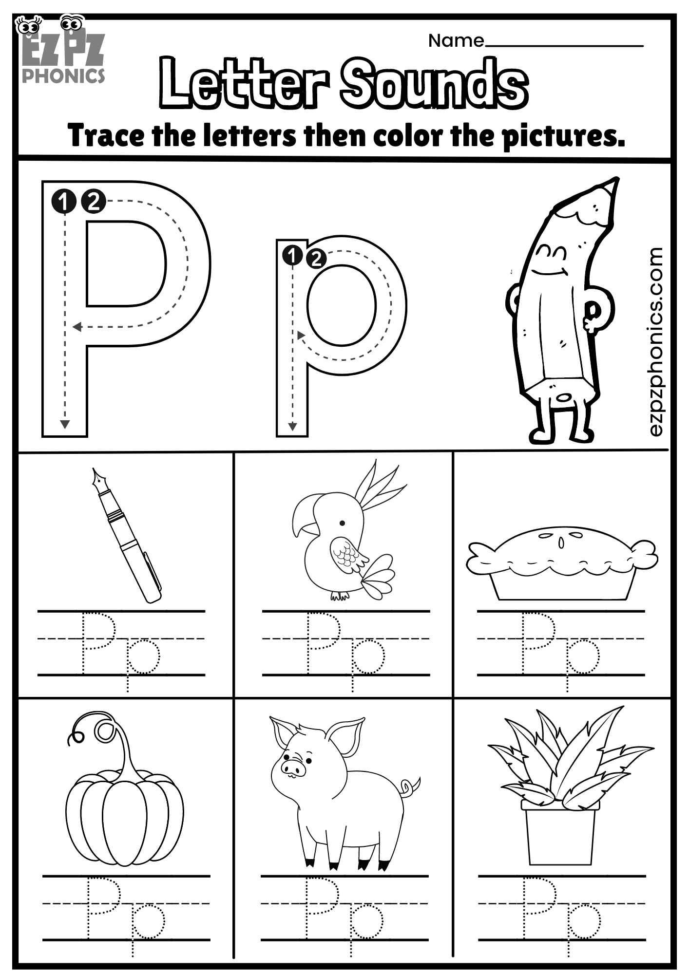 Letter Pp Trace and Color the Pictures Free PDF Download - ezpzphonics.com